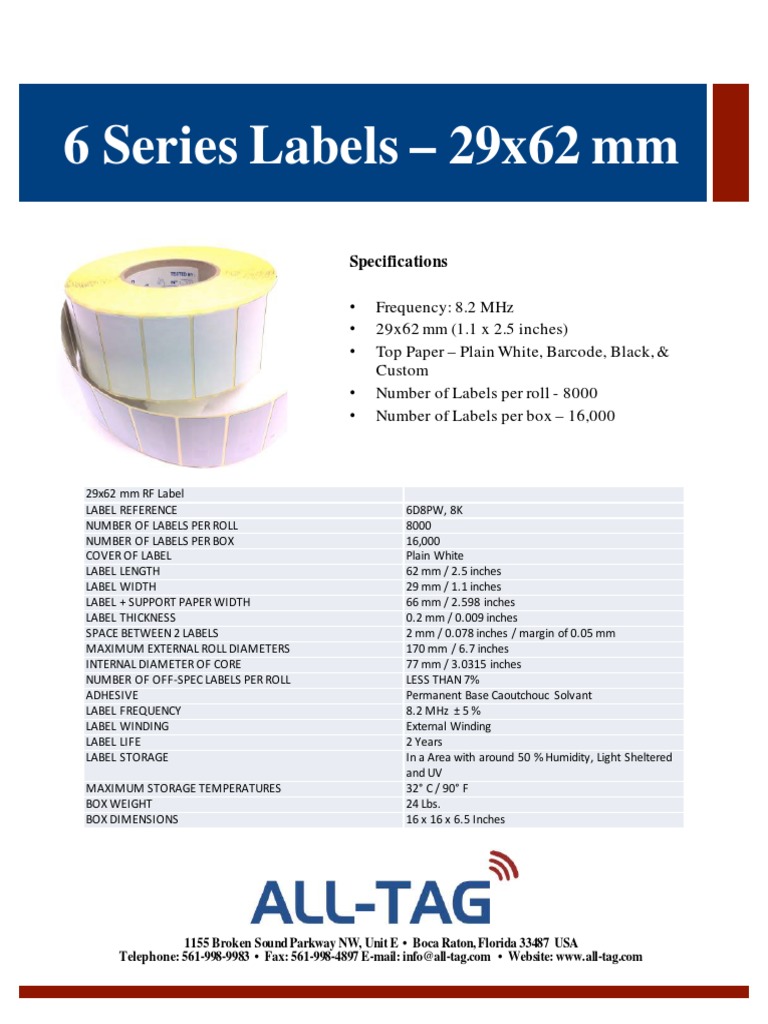 6 Series Labels - 29x62 MM: Specifications | PDF