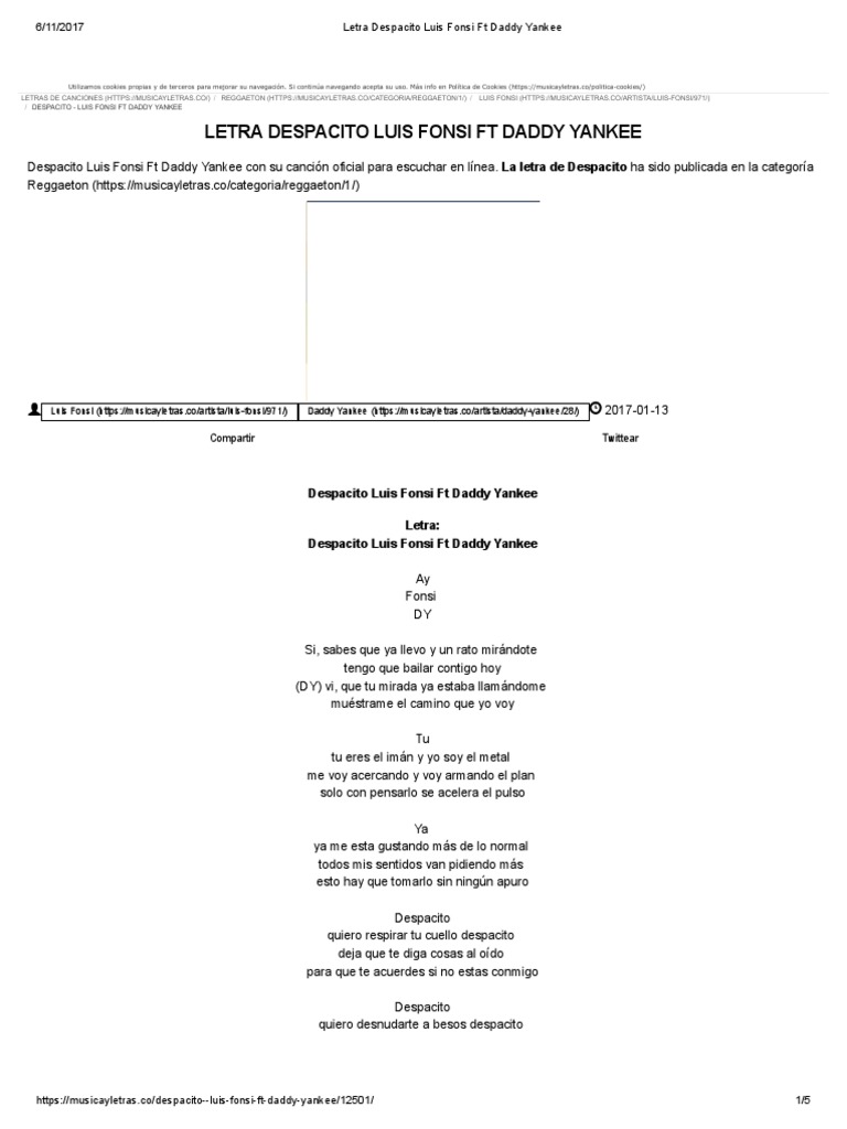 Letra Despacito Luis Fonsi FT Daddy Yankee | PDF | Musica en español | Ocio