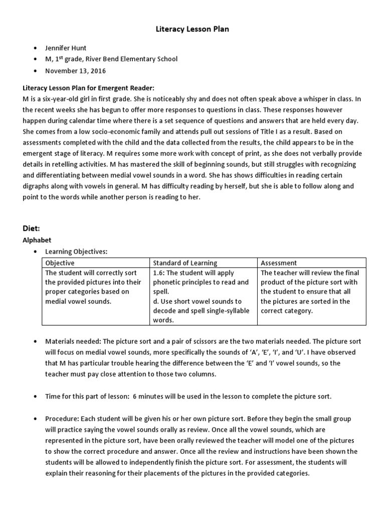 Literacy Lesson Plan For Emergent Reader | PDF | Educational Assessment ...