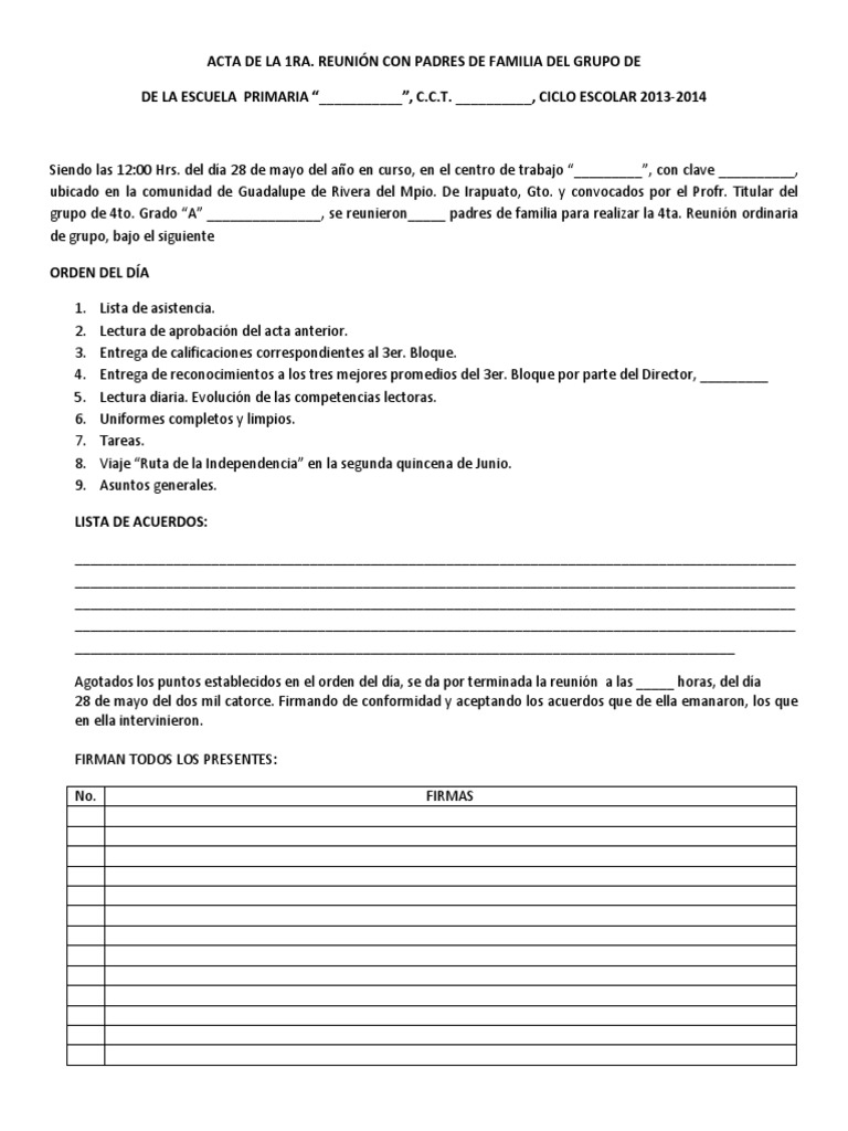 ACTA REUNION PADRES DE FAMILIA