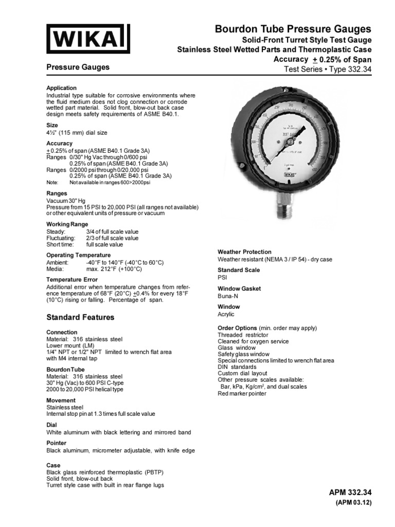 Bourdon Tube Pressure Gauges: Solid-Front Turret Style Test Gauge ...