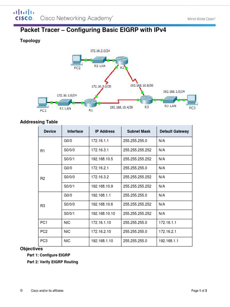 6224 Packet Tracer Configuring Basic Eigrp With Ipv4 Instructions Pdf Router Computing 