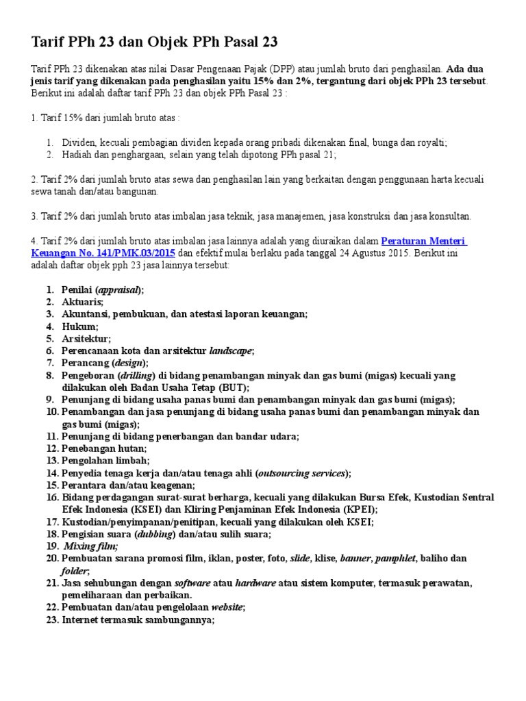 Tarif PPH 23 Dan Objek PPH Pasal 23 | PDF