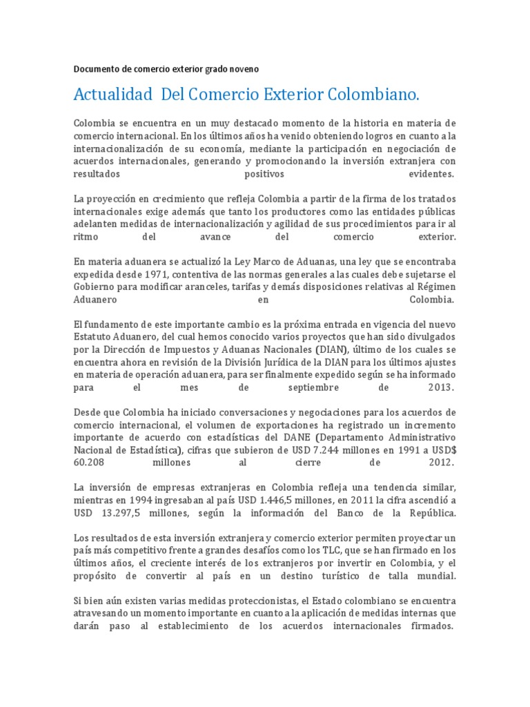Documento de Comercio Exterior Grado Noveno Tercer Taller | aduana | El ...