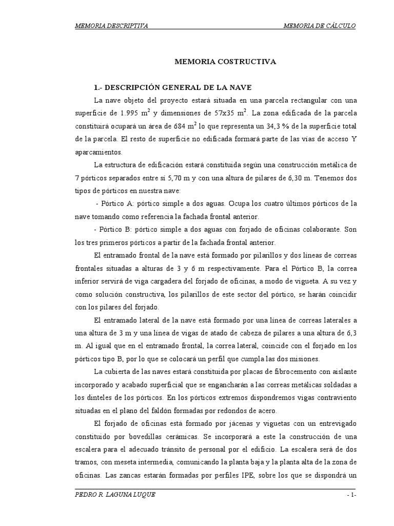 Cálculo de La Estructura Y Cimentación de Una Nave Industrial - Memoria Constructiva | PDF ...