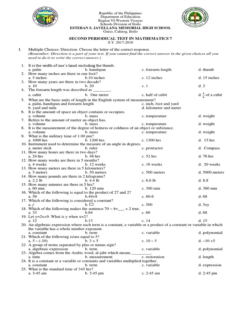 Math test questions on units of measurement, time, algebra and word ...