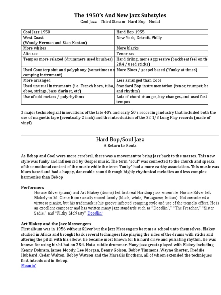 The 1950's and New Jazz Substyles: Hard Bop/Soul Jazz | PDF | Jazz ...