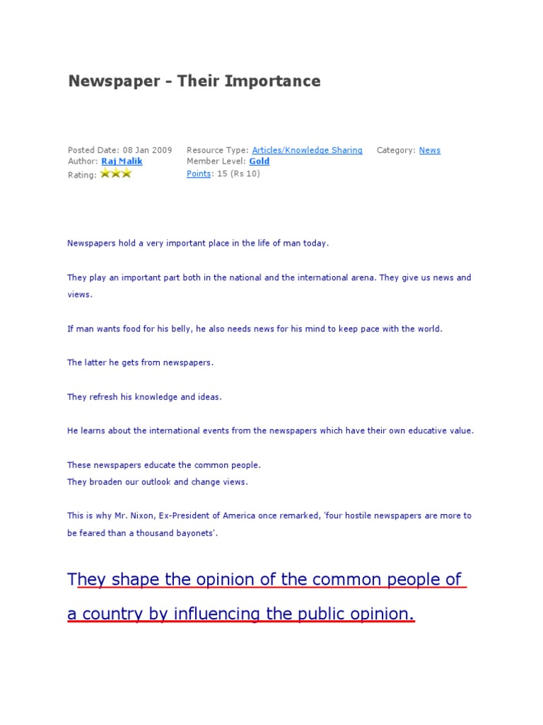 Newspaper - Their Importance: They Shape The Opinion of The Common ...