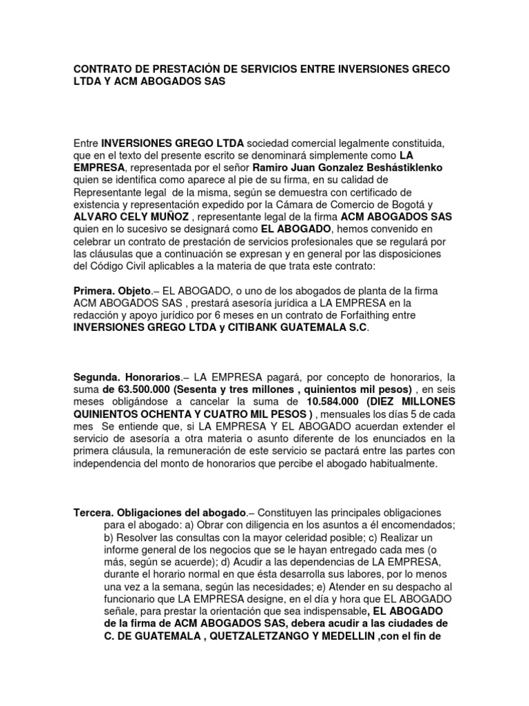Contrato de Prestación de Servicios Entre Inversiones Greco Ltda y Acm Abogados Sas | PDF ...