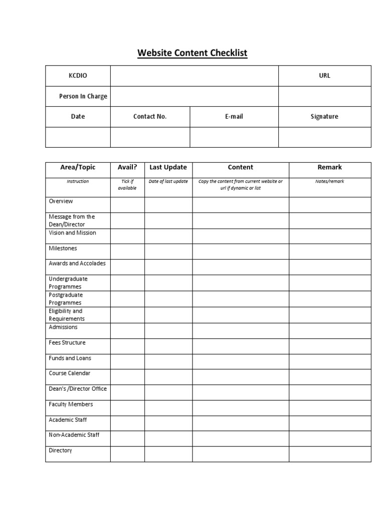 Website Content Checklist: Area/Topic Avail? Last Update Content Remark | PDF