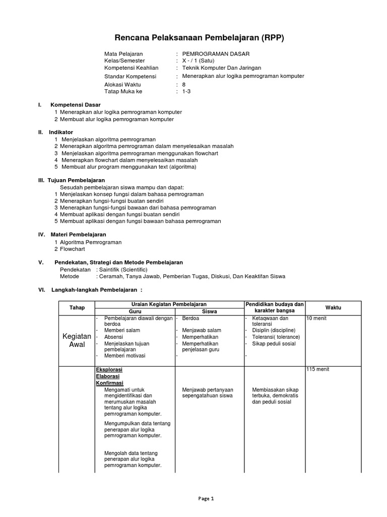RPP Pemrograman Dasar SMT 1 Dan 2 | PDF