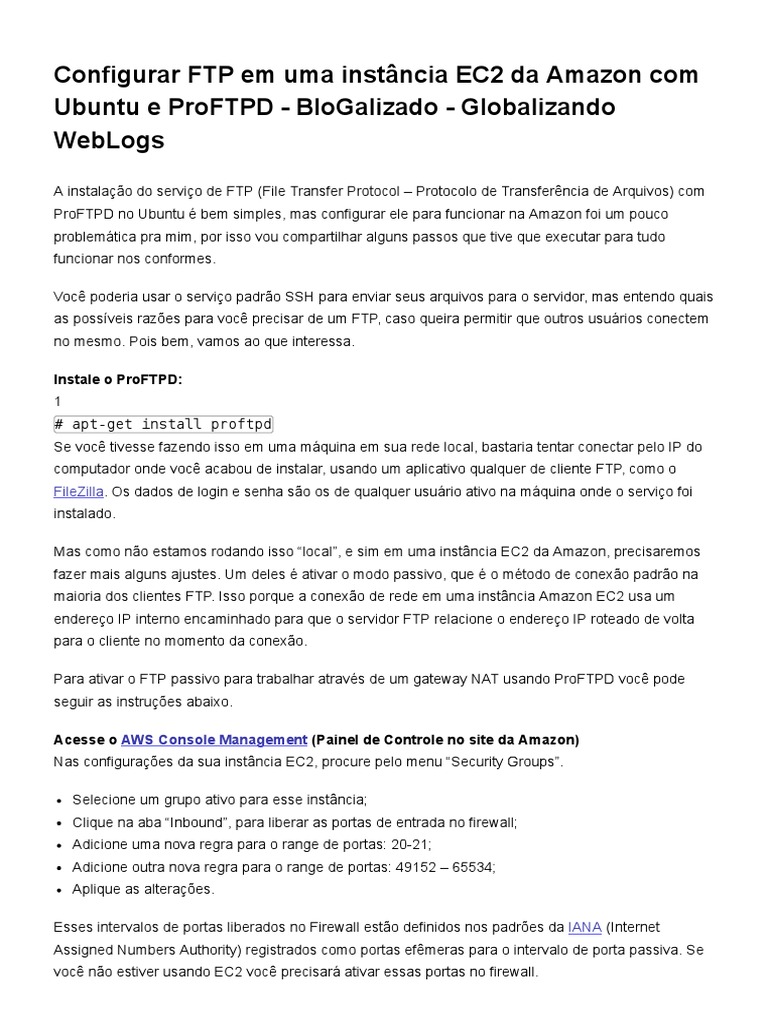 Configurar FTP em Uma Instância EC2 Da Amazon Com Ubuntu e ProFTPD ...