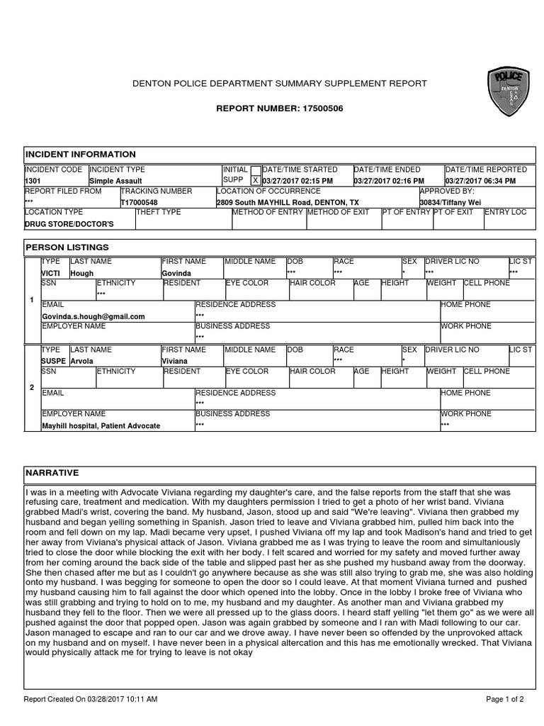 Denton Police Supplement Report | PDF | Violence | Wellness