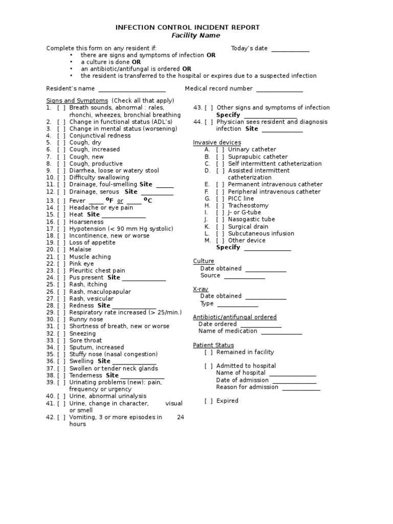 Infection Control Incident Report.doc | Catheter | Intravenous Therapy