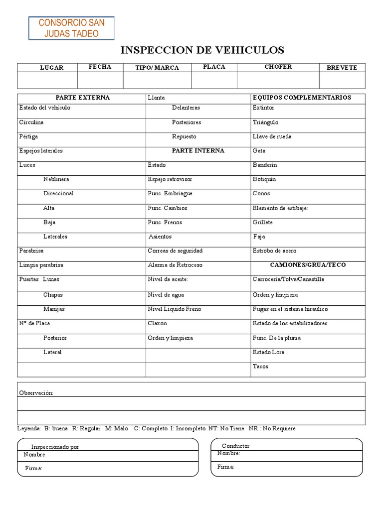 Formato de Inspeccion de Vehiculos - CSJT | PDF | Diseños de ...