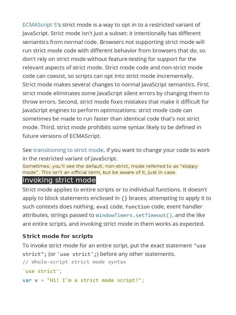 JS Strict Mode | PDF | Java Script | Scope (Computer Science) JS Strict Mode | PDF | Java Script | Scope (Computer Science)