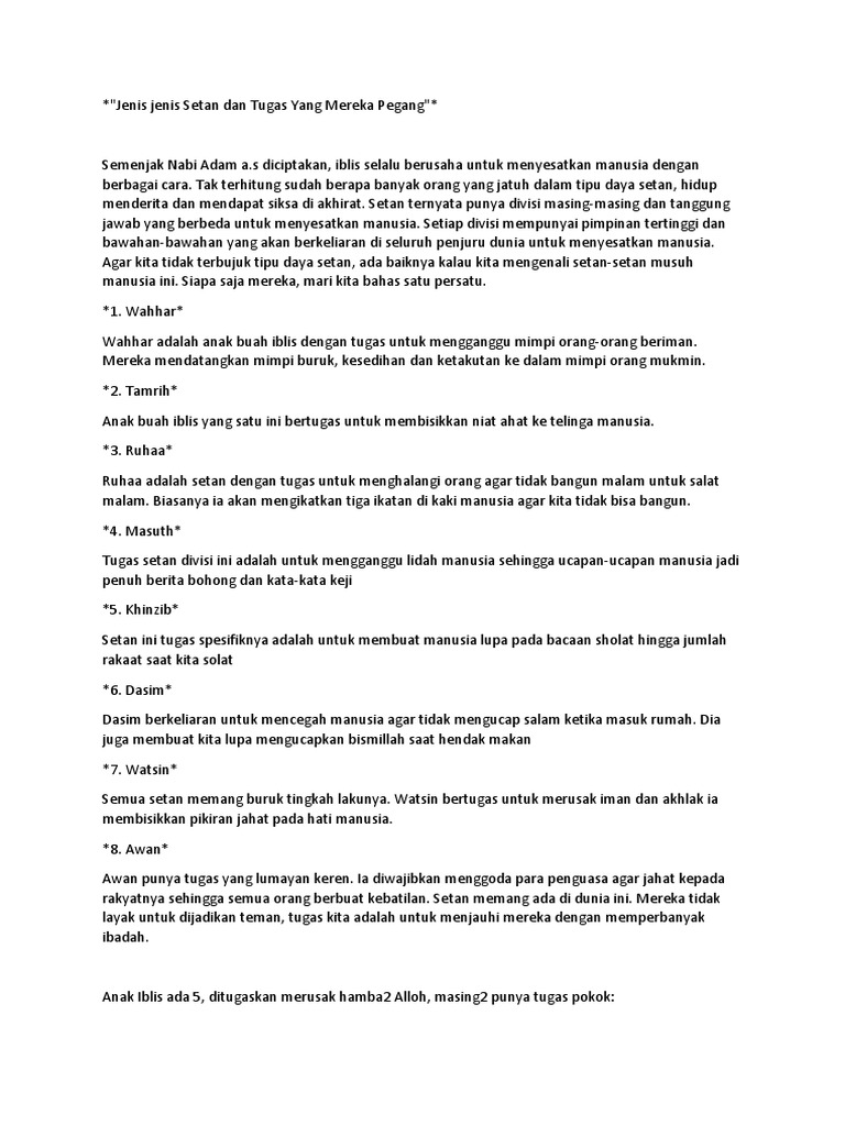 Jenis Setan Dan Tugasnya | PDF