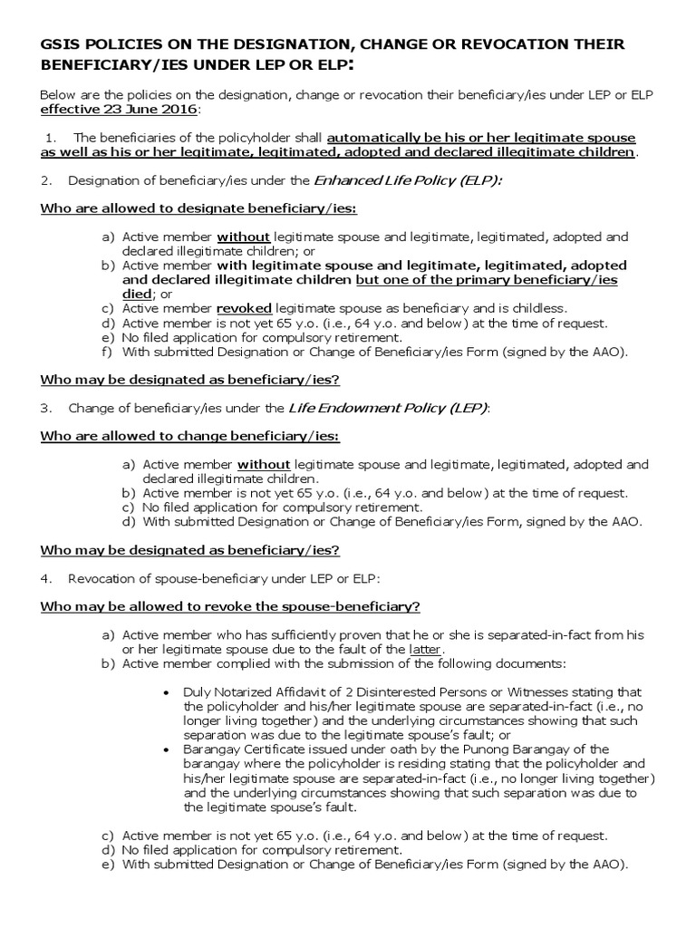 Gsis Policies On The Designation, Change or Revocation Their ...