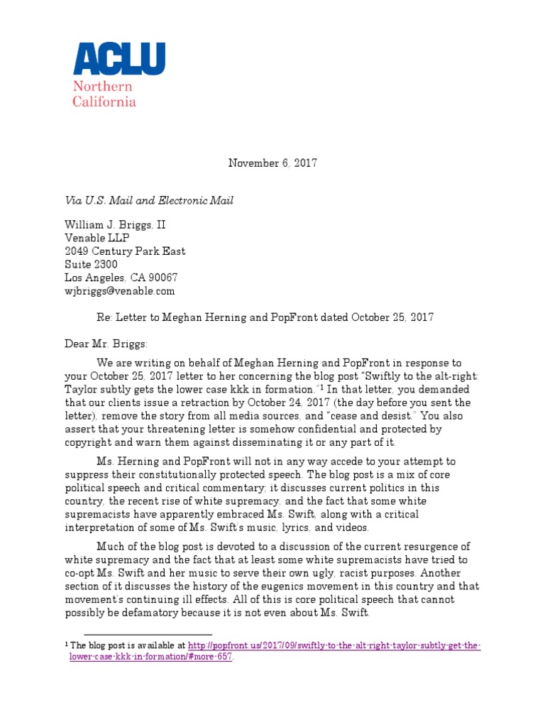 ACLU Letter To Taylor Swift's Lawyers | PDF | Defamation | Fair Use