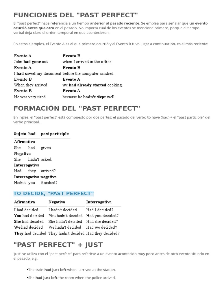 Funciones Del "Past Perfect" | PDF