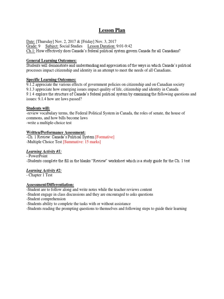 Canada’s Federal Political System Lesson Plan | PDF