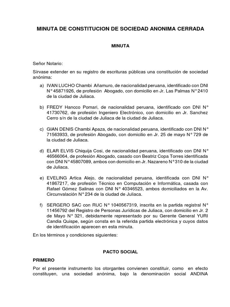 Minuta de Constitucion de Sociedad Anonima | PDF | Auditoría financiera | Contabilidad