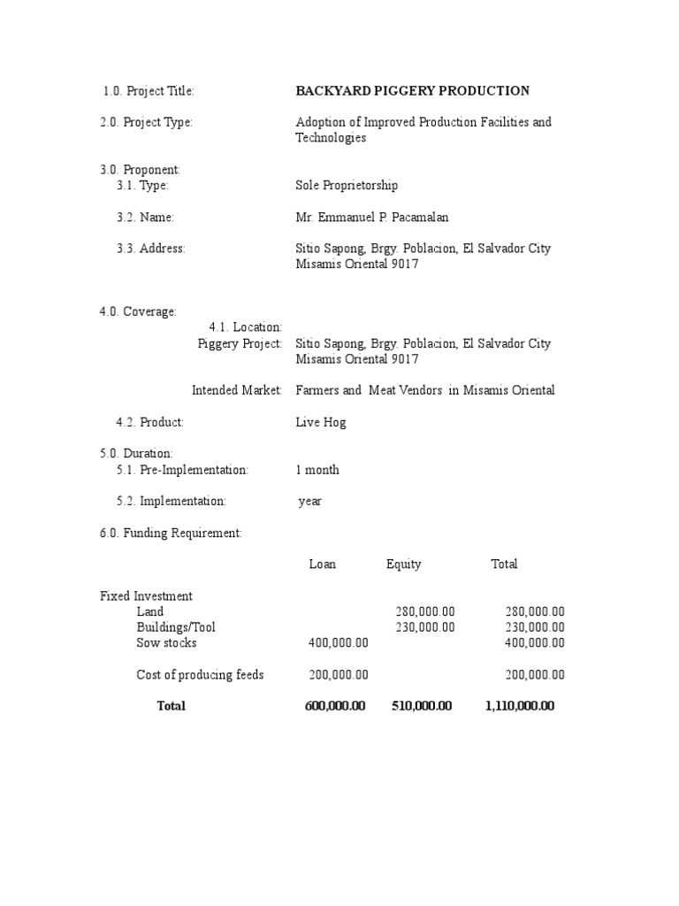 Backyard Piggery Project Proposal | PDF | Expense | Agriculture