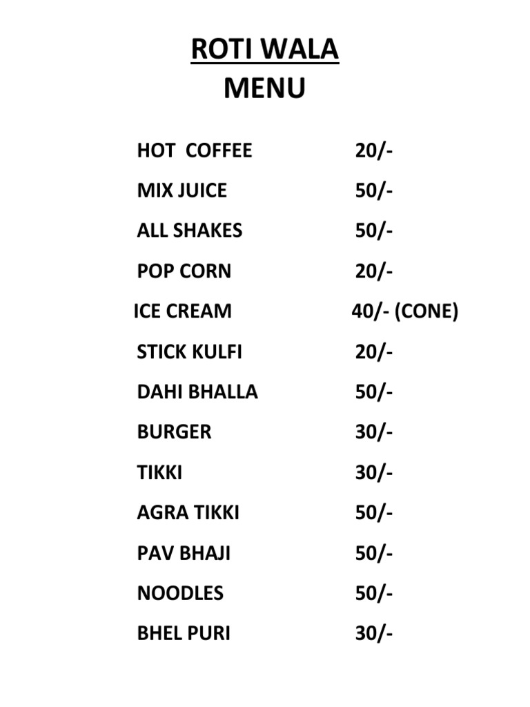 ROTI WALA Menu: Snacks & Beverages | PDF