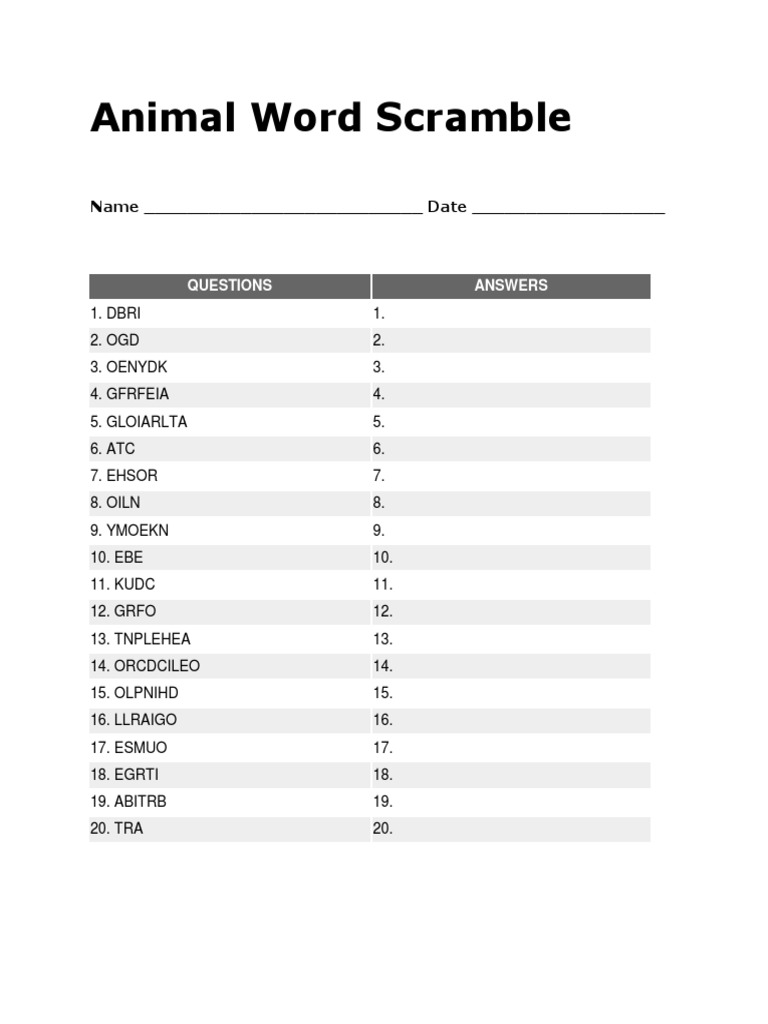 Animal Word Scramble: Name - Date | PDF