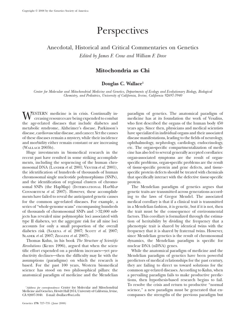 Mitochondria As Chi Douglas C. Wallace Genetics.104.91769 PDF | PDF | Mitochondrial Dna ...