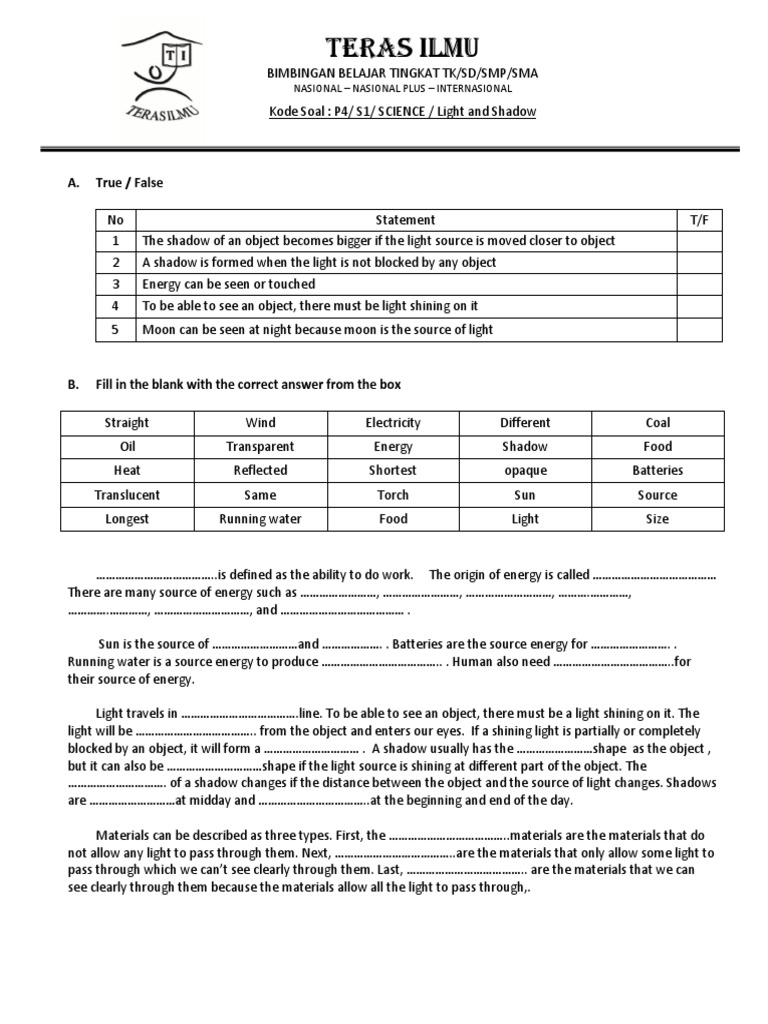 P4 S1 Science Light And Shadow Pdf Shadow Light
