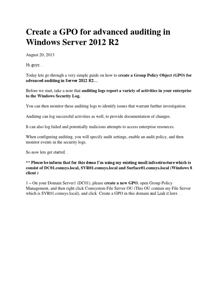 GPO Setup for Advanced Auditing in Windows Server 2012 | PDF | Group ...
