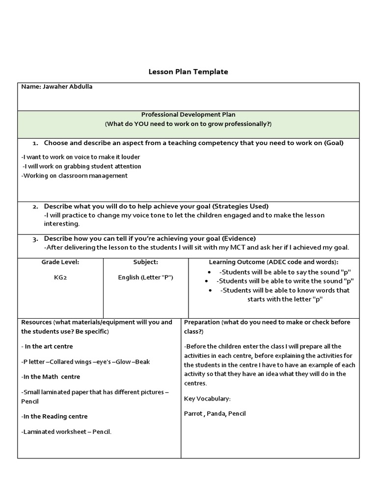 Lesson Plan Template Letter P | PDF | Classroom Management | Lesson Plan