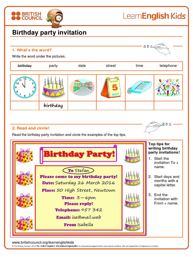 Writing Practice Birthday Party Invitation Worksheet PDF | PDF