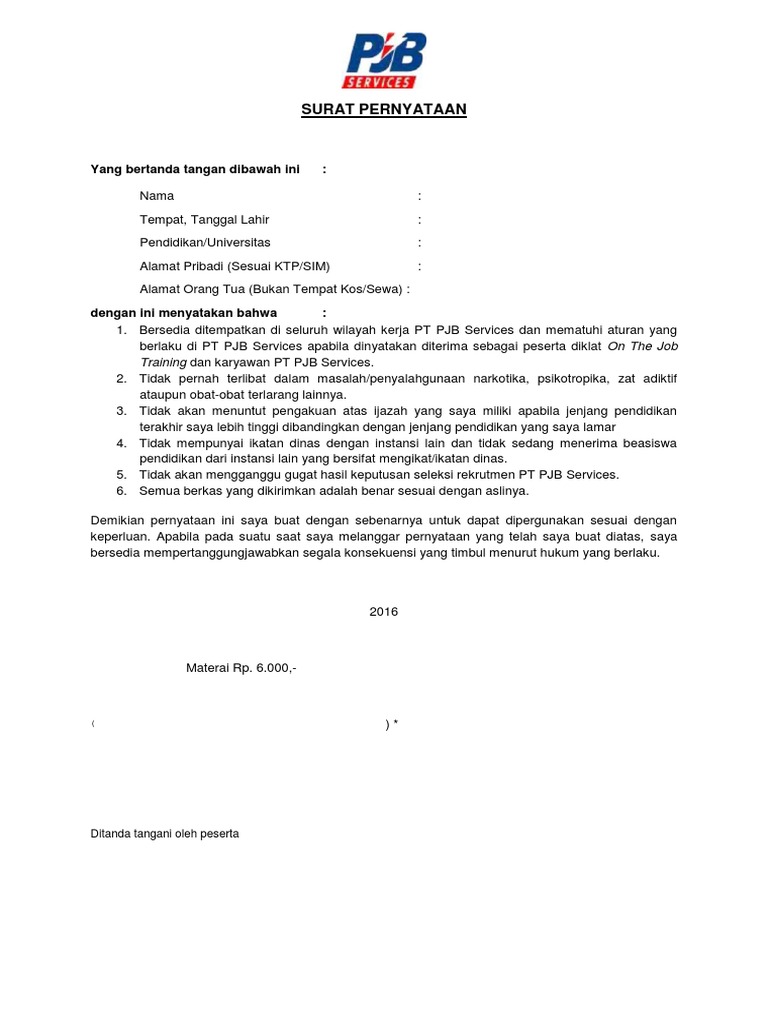 Contoh Surat Pernyataan PT PJB | PDF
