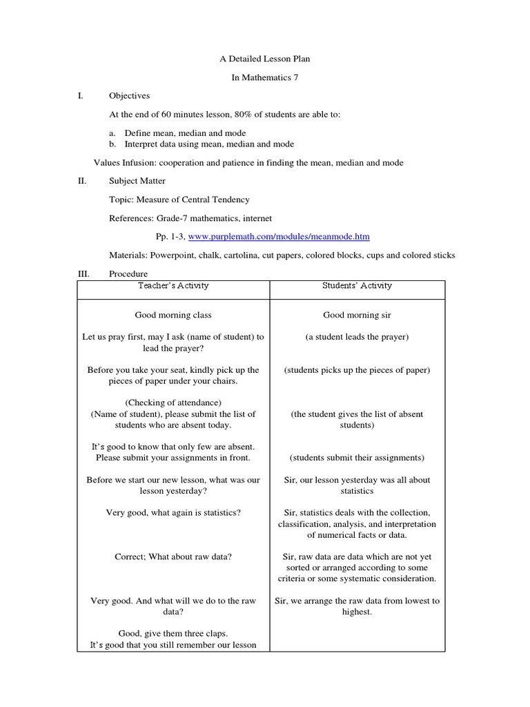 A Detailed Lesson Plan | PDF | Mean | Mode (Statistics)