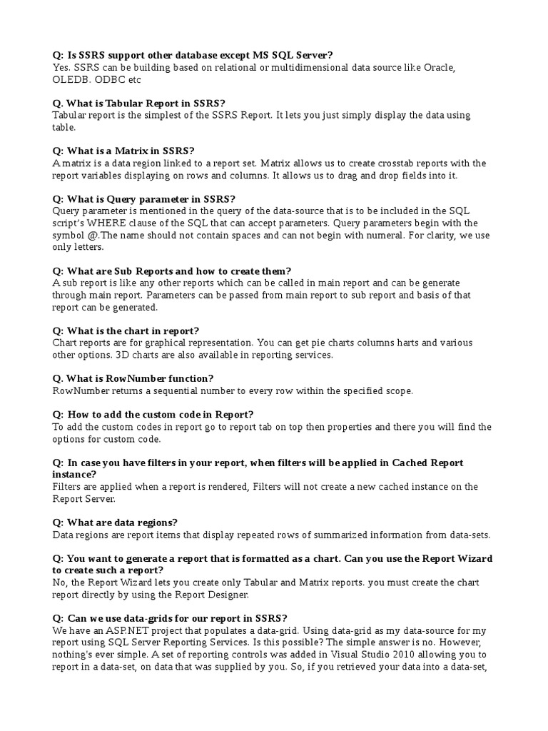 SSRS Interview Questions (1) .Odt | PDF | Microsoft Sql Server ...