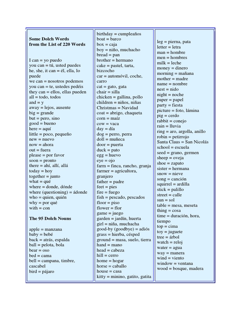 Dolch Words and Their Spanish Equivalents | PDF