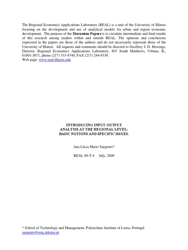 Intro Input Output Analysis At The Regional Level Pdf Input Output Model Economics