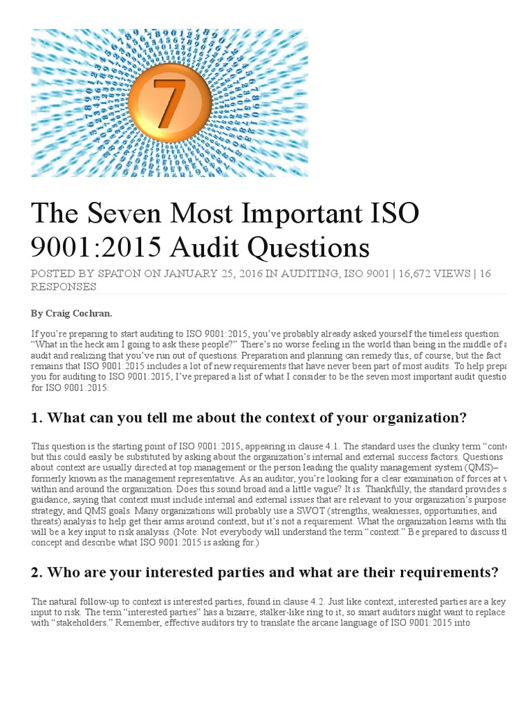 The Seven Most Important ISO 9001 - 2015 Audit Questions - The Auditor ...