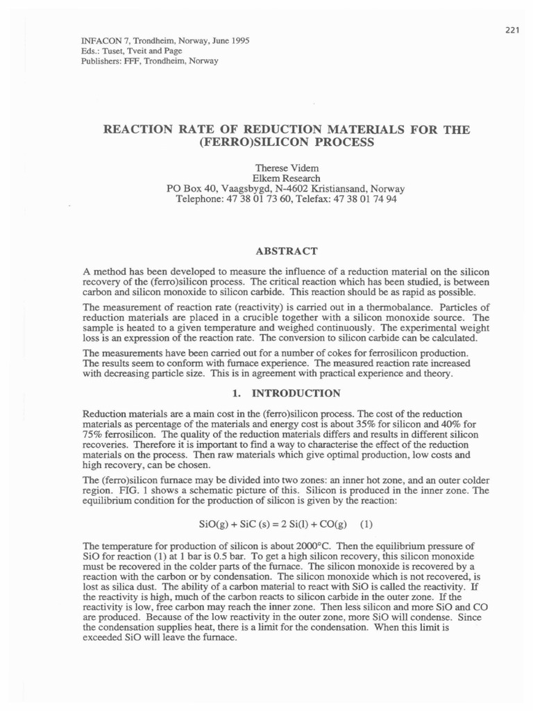 Reaction Rate of Reduction Materials For The (Ferro) Silicon Process ...