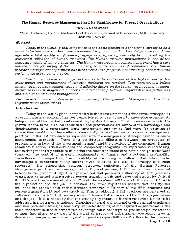 The Human Resource Management and Its Significance For Present ...
