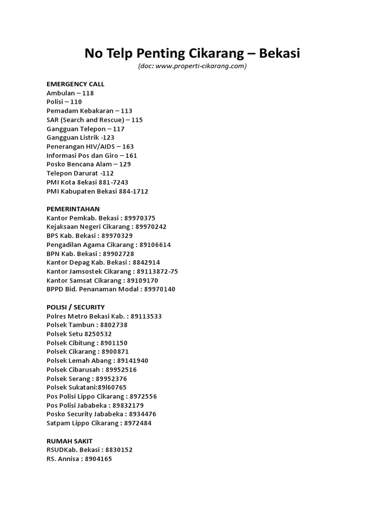 No Telp Penting Cikarang 1 | PDF