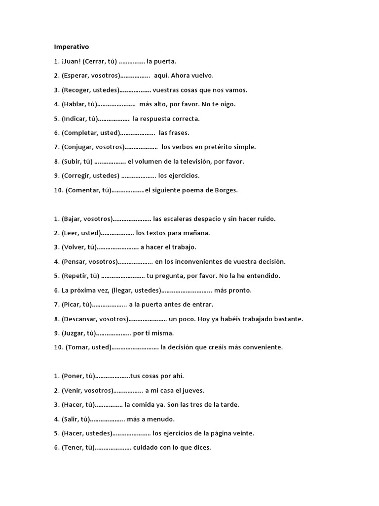 Imperativo Ejercicios | PDF | Ocio