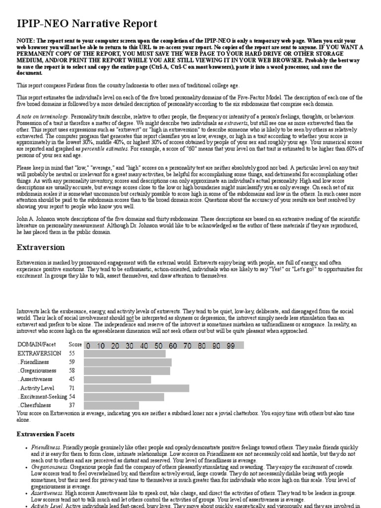 IPIP-NEO Narrative Report | PDF | Extraversion And Introversion | Anxiety