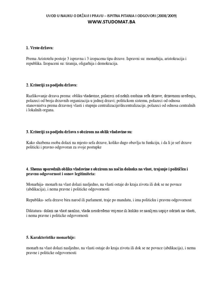 Uvod U Nauku o Državi I Pravu - Ispitna Pitanja I Odgovori Druga ...