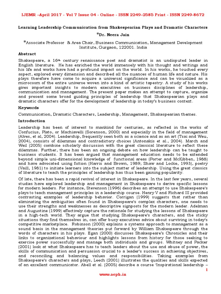 Learning Leadership Communication From Shakespearian Plays and Dramatic ...