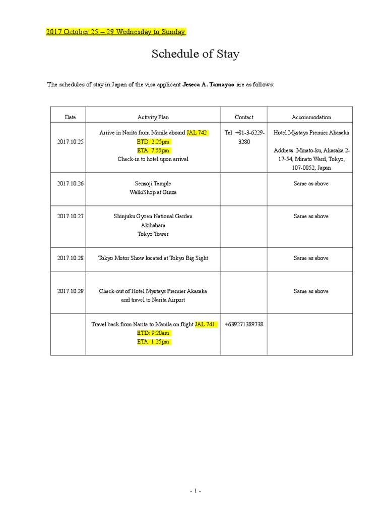 Schedule of Stay: 2017 October 25 - 29 Wednesday To Sunday | PDF