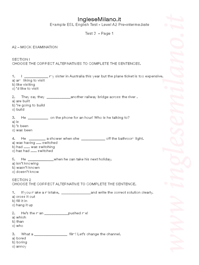 Inglesemilano - It: Example Esl English Test - Level A2 Pre ...