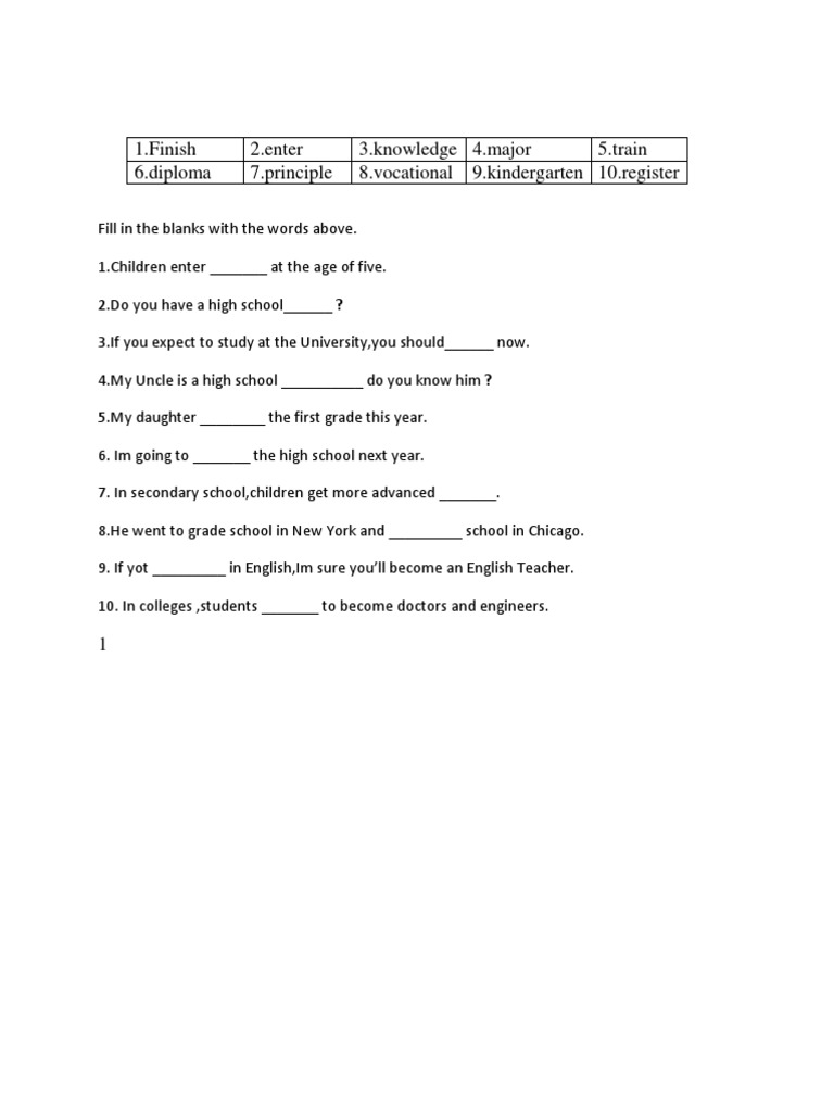 1.finish 2.enter 3.knowledge 4.major 5.train 6.diploma 7.principle 8 ...